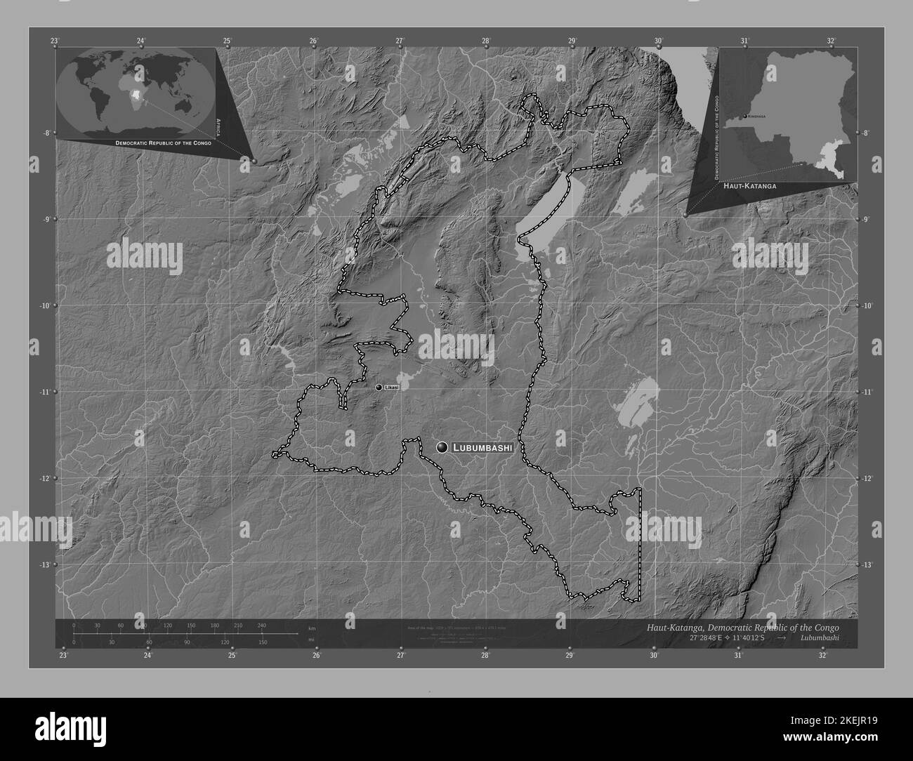 Haut-Katanga, province of Democratic Republic of the Congo. Bilevel elevation map with lakes and ...