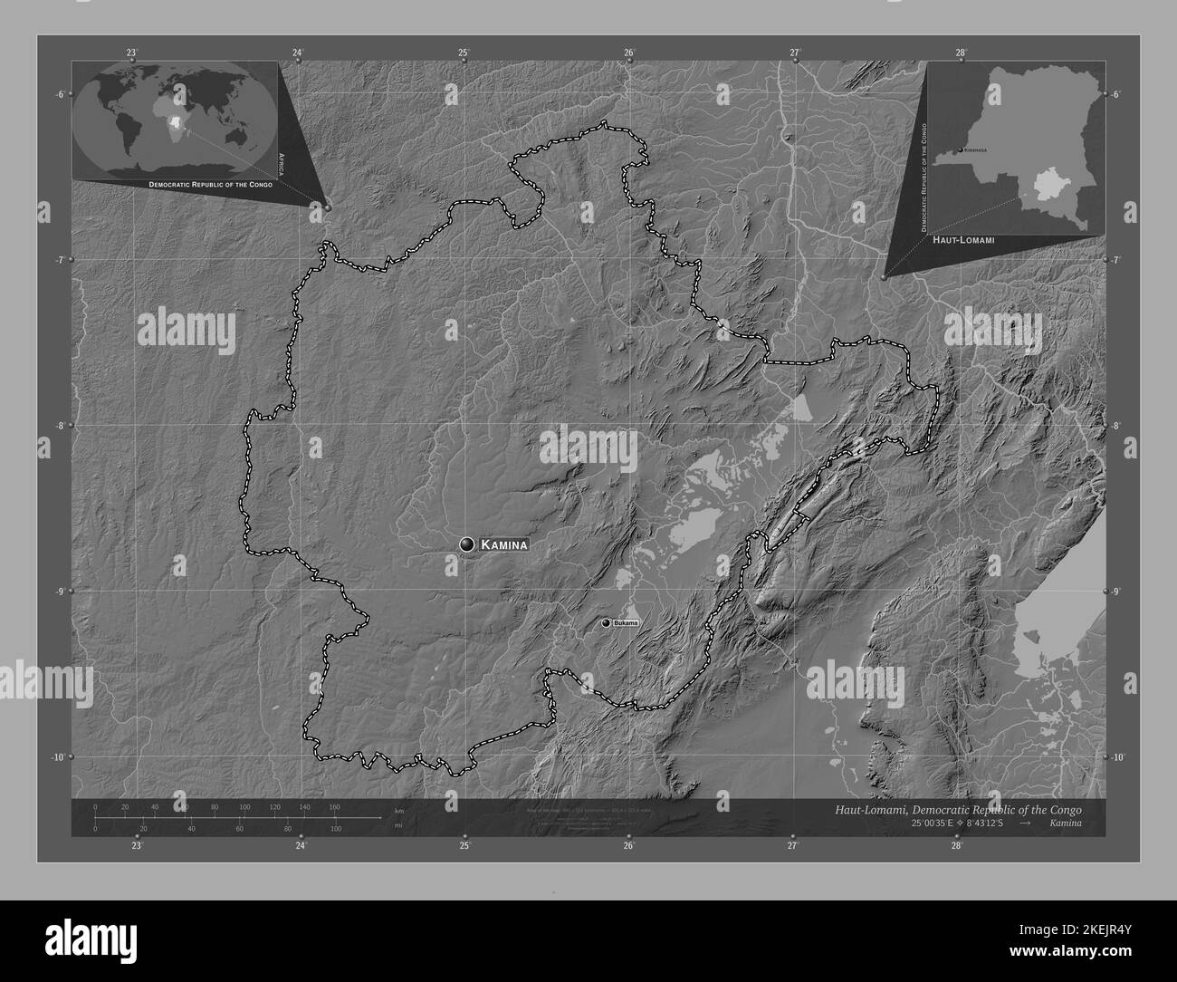 Haut-Lomami, province of Democratic Republic of the Congo. Bilevel elevation map with lakes and ...