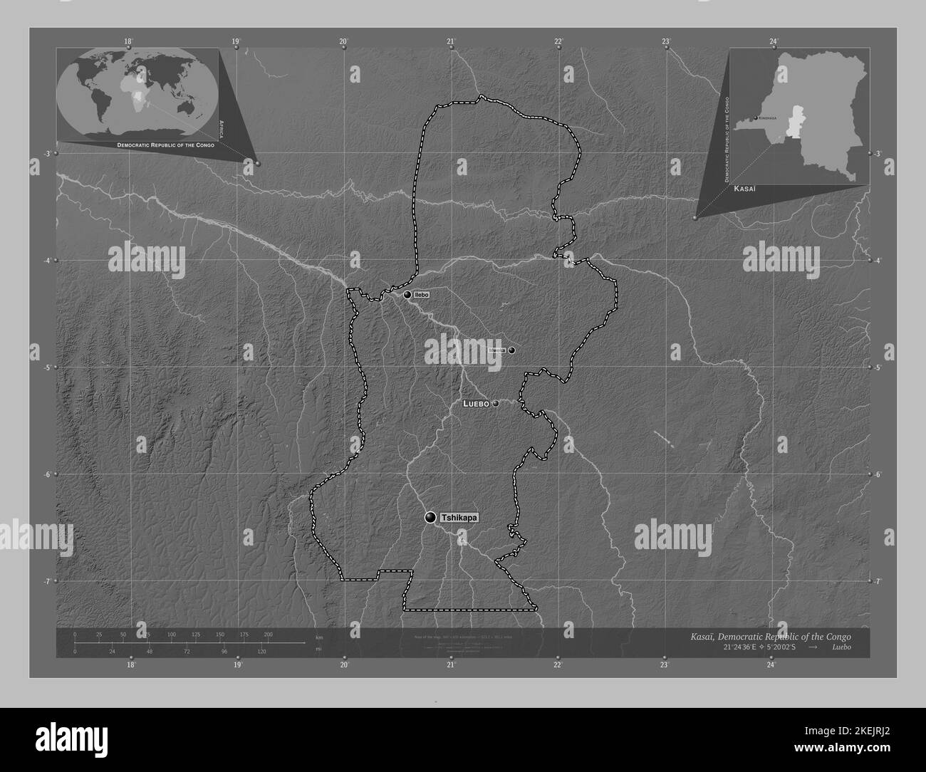 Kasai, province of Democratic Republic of the Congo. Grayscale ...