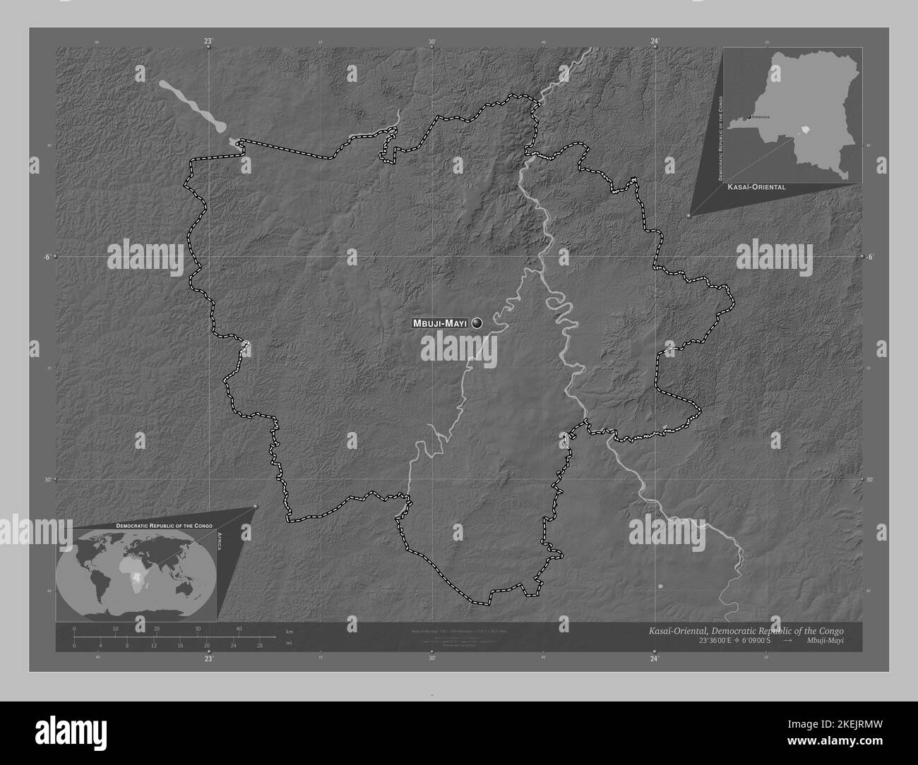 Kasai-Oriental, province of Democratic Republic of the Congo. Grayscale ...