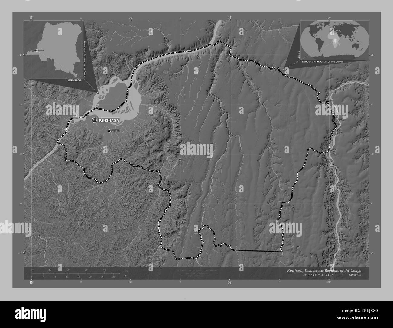 Kinshasa, province of Democratic Republic of the Congo. Grayscale ...