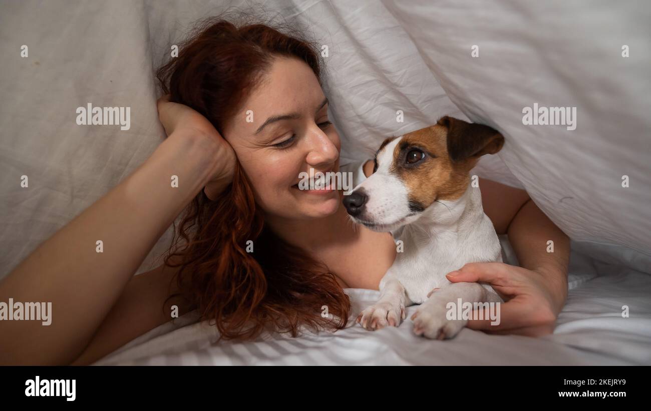 Caucasian red-haired woman sleeps in an embrace with a jack russell ...