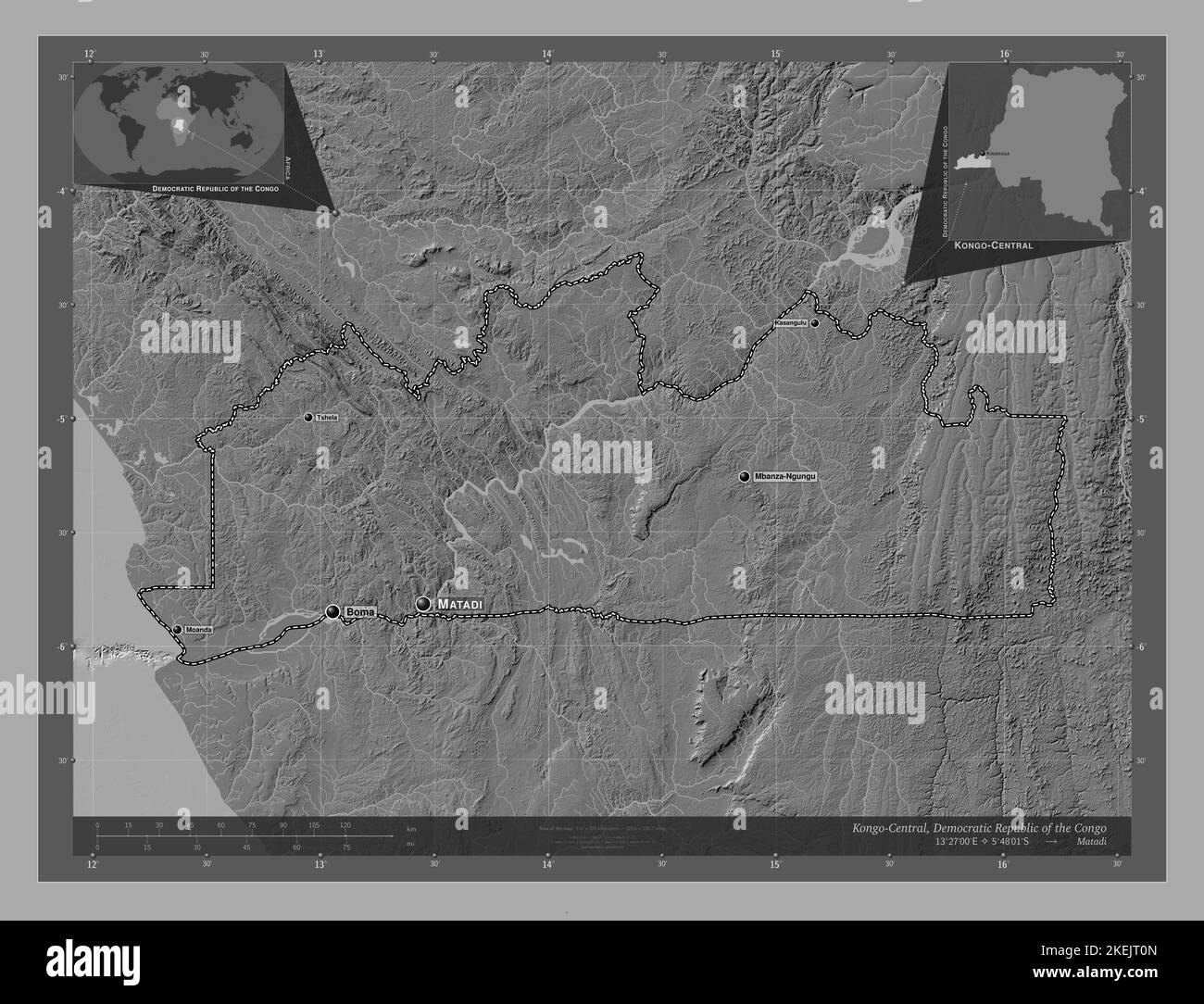 Kongo-Central, province of Democratic Republic of the Congo. Bilevel elevation map with lakes ...