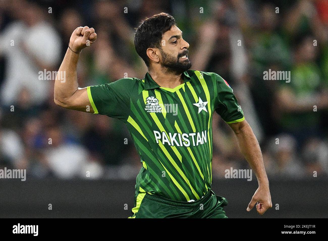 Pakistan's Haris Rauf celebrates after the dismissal of England's Phil ...
