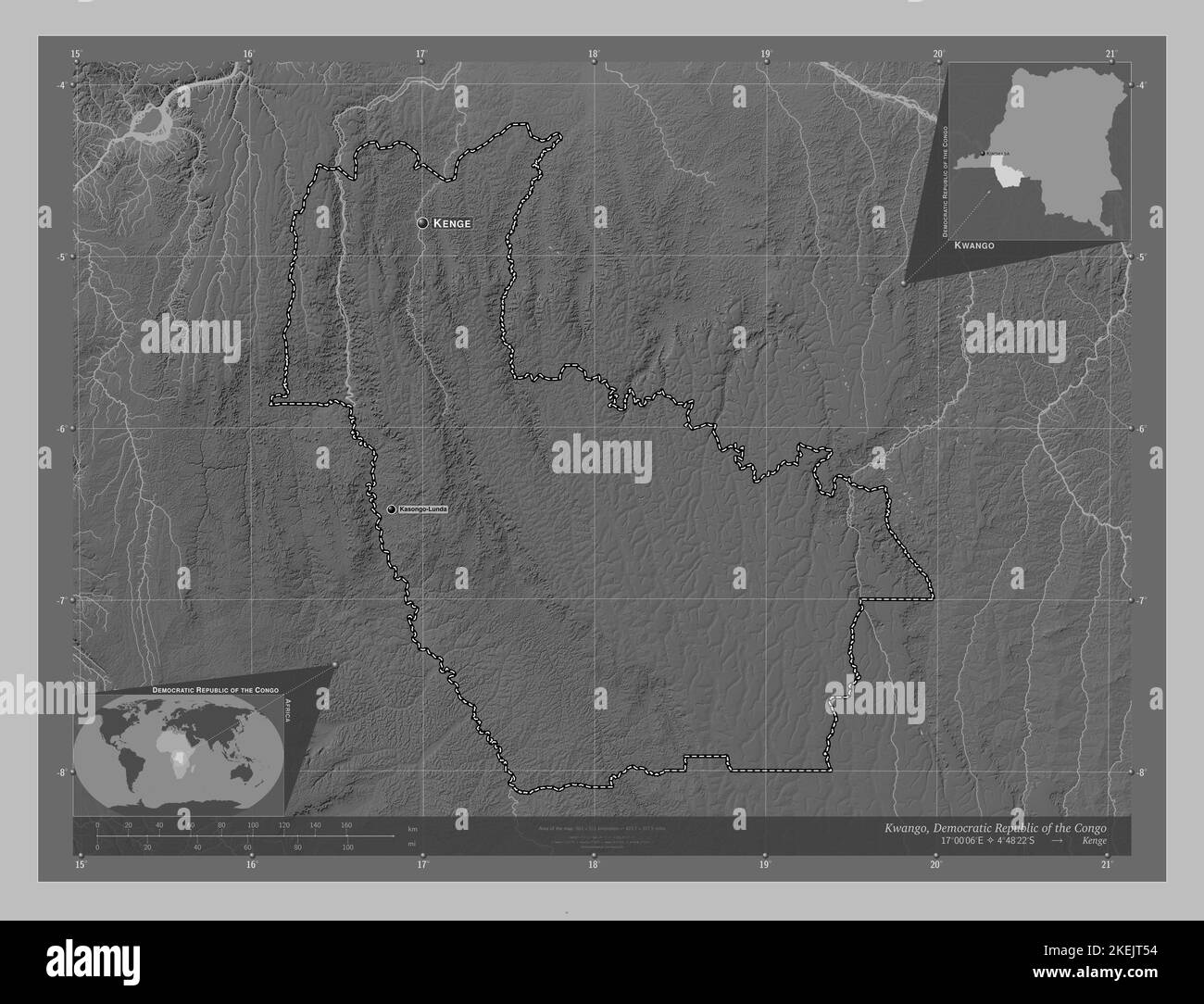 Kwango, province of Democratic Republic of the Congo. Grayscale ...