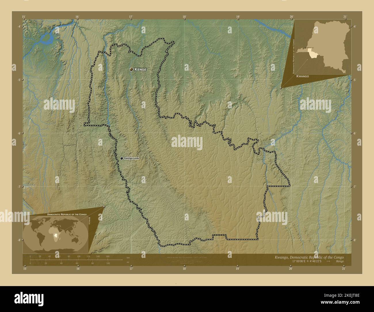 Kwango, province of Democratic Republic of the Congo. Colored elevation ...