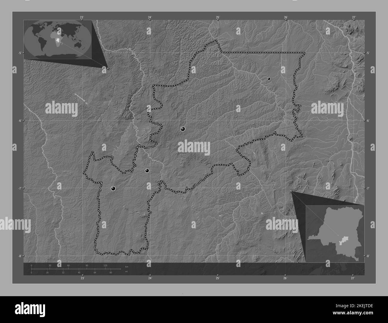 Lomami, province of Democratic Republic of the Congo. Bilevel elevation map with lakes and ...