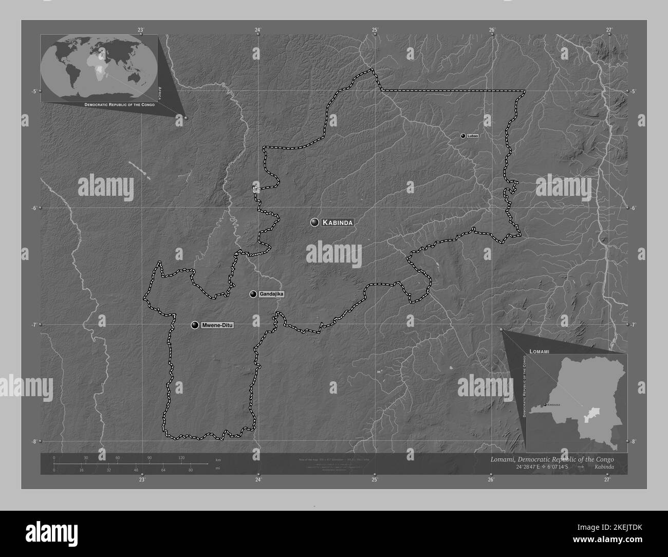 Lomami, province of Democratic Republic of the Congo. Grayscale ...