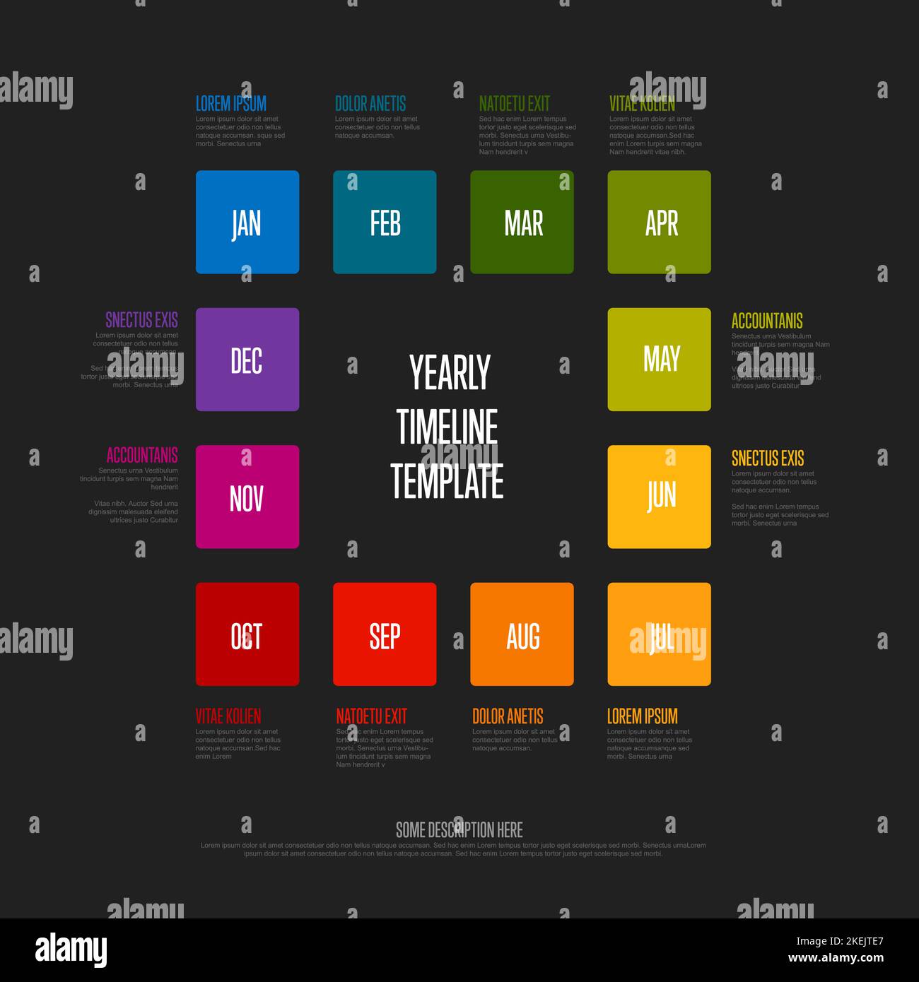 Full year dark timeline template with all rainbow colored months as ...