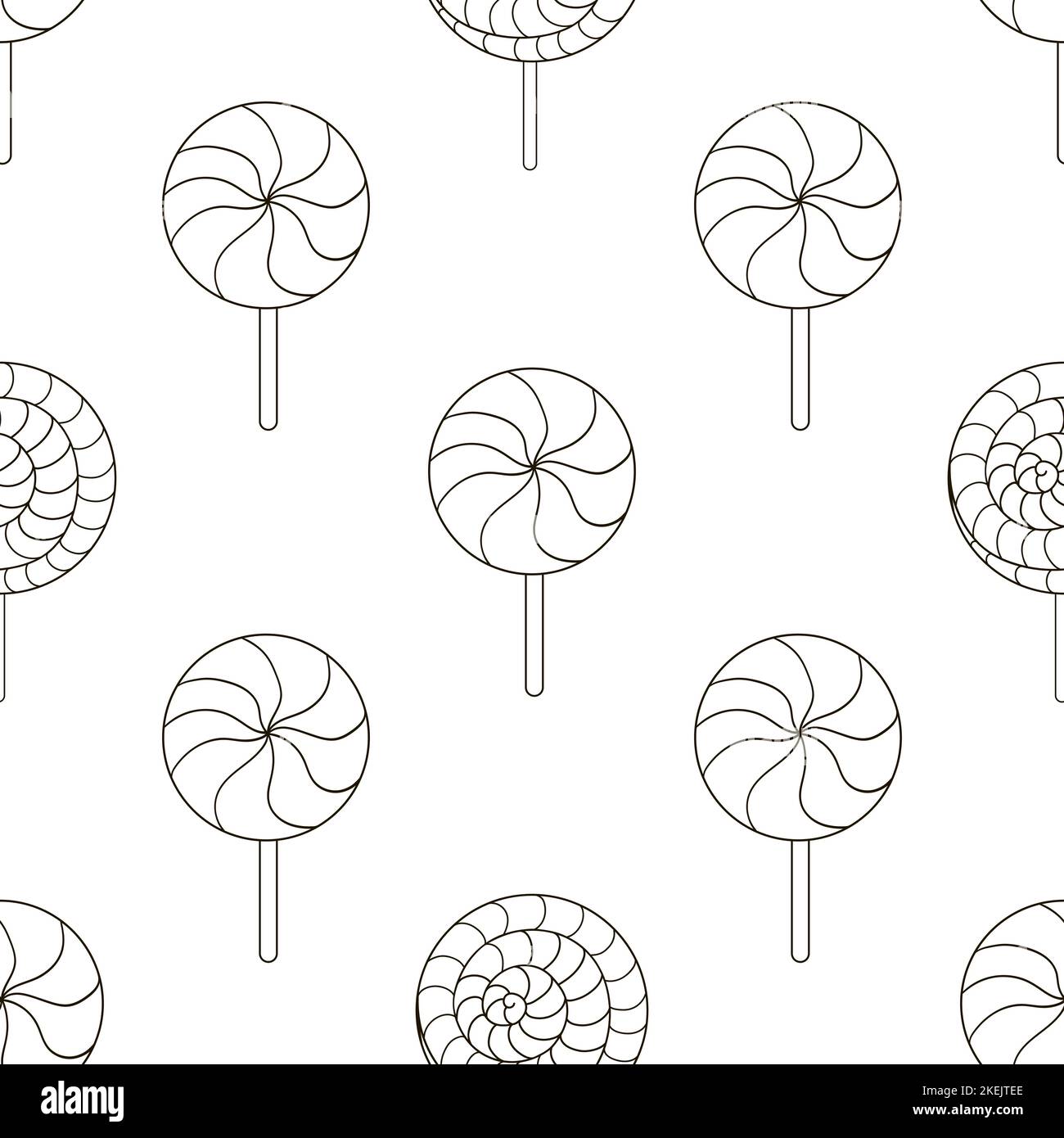 Coloring pattern with sweets. Candies. Round purple lollipops seamless ...