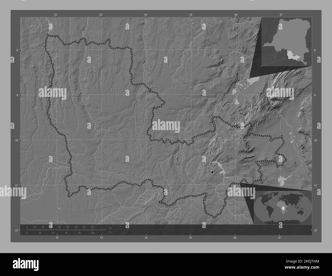 Lualaba, province of Democratic Republic of the Congo. Bilevel elevation map with lakes and ...