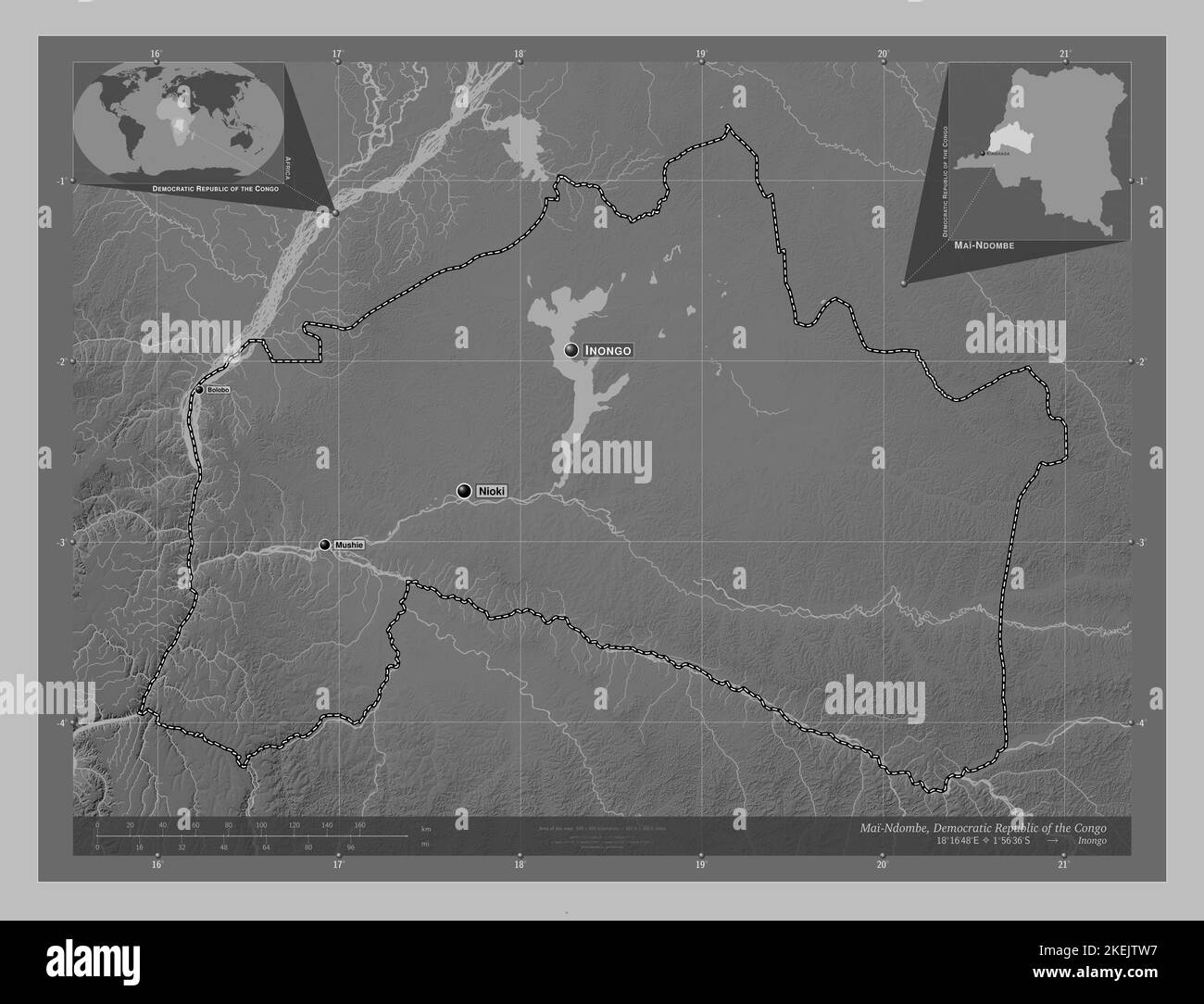 Mai-Ndombe, province of Democratic Republic of the Congo. Grayscale ...