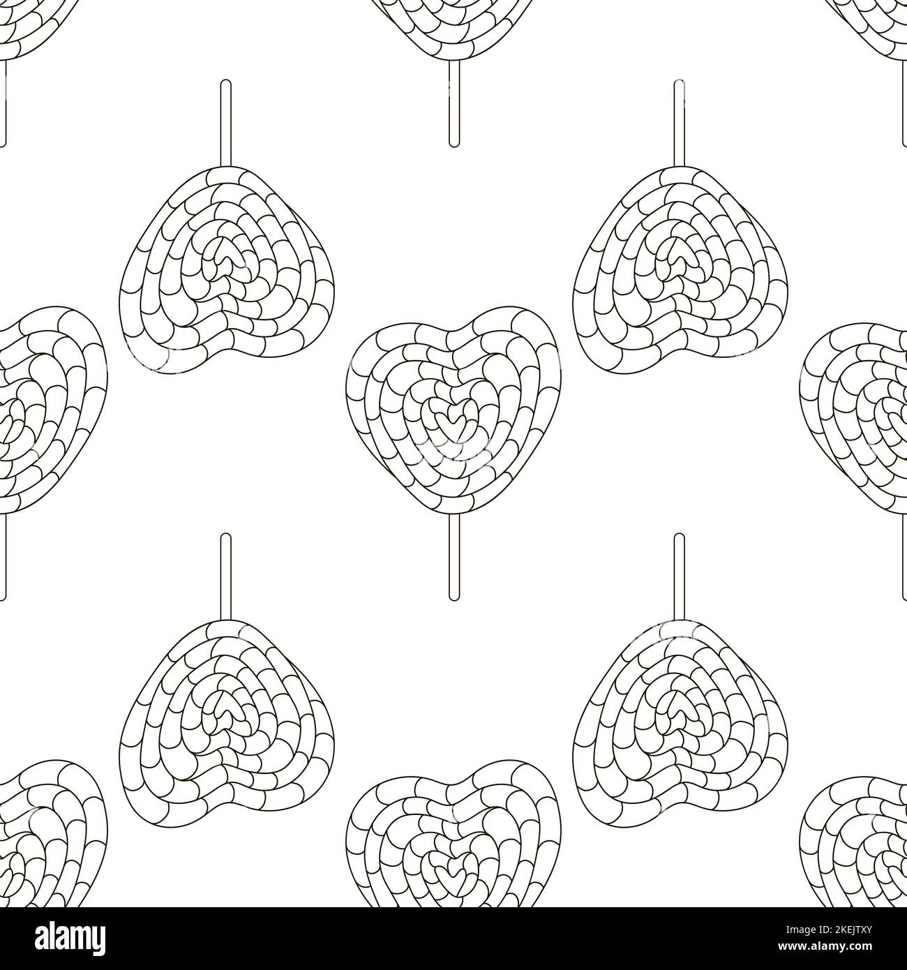 Coloring pattern with sweets. Heart lollipops seamless pattern. Candies ...