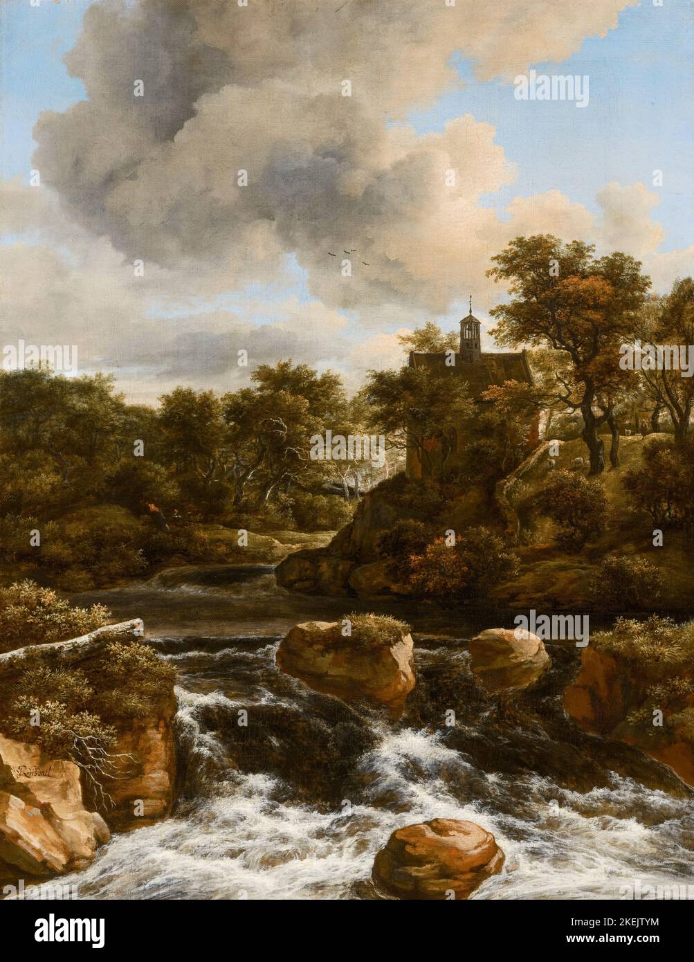 Jacob van Ruisdael landscape painting, Chapel by a Waterfall, oil on ...