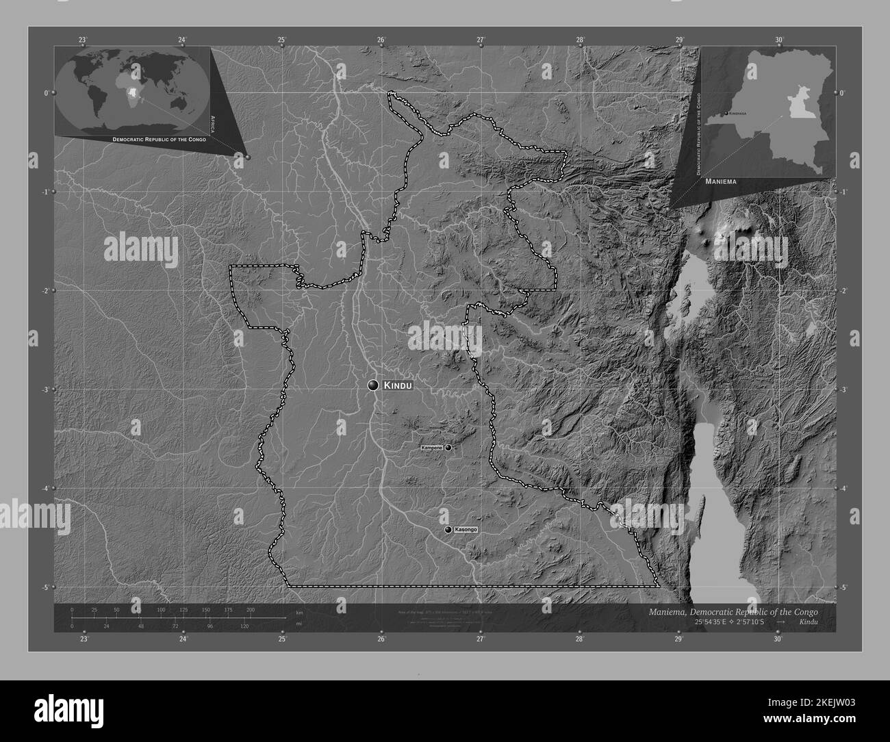 Maniema, province of Democratic Republic of the Congo. Bilevel elevation map with lakes and ...