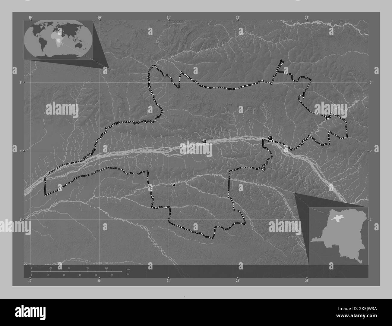 Mongala, province of Democratic Republic of the Congo. Grayscale ...