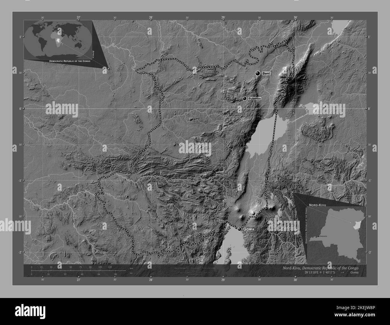 Nord-Kivu, province of Democratic Republic of the Congo. Bilevel elevation map with lakes and ...