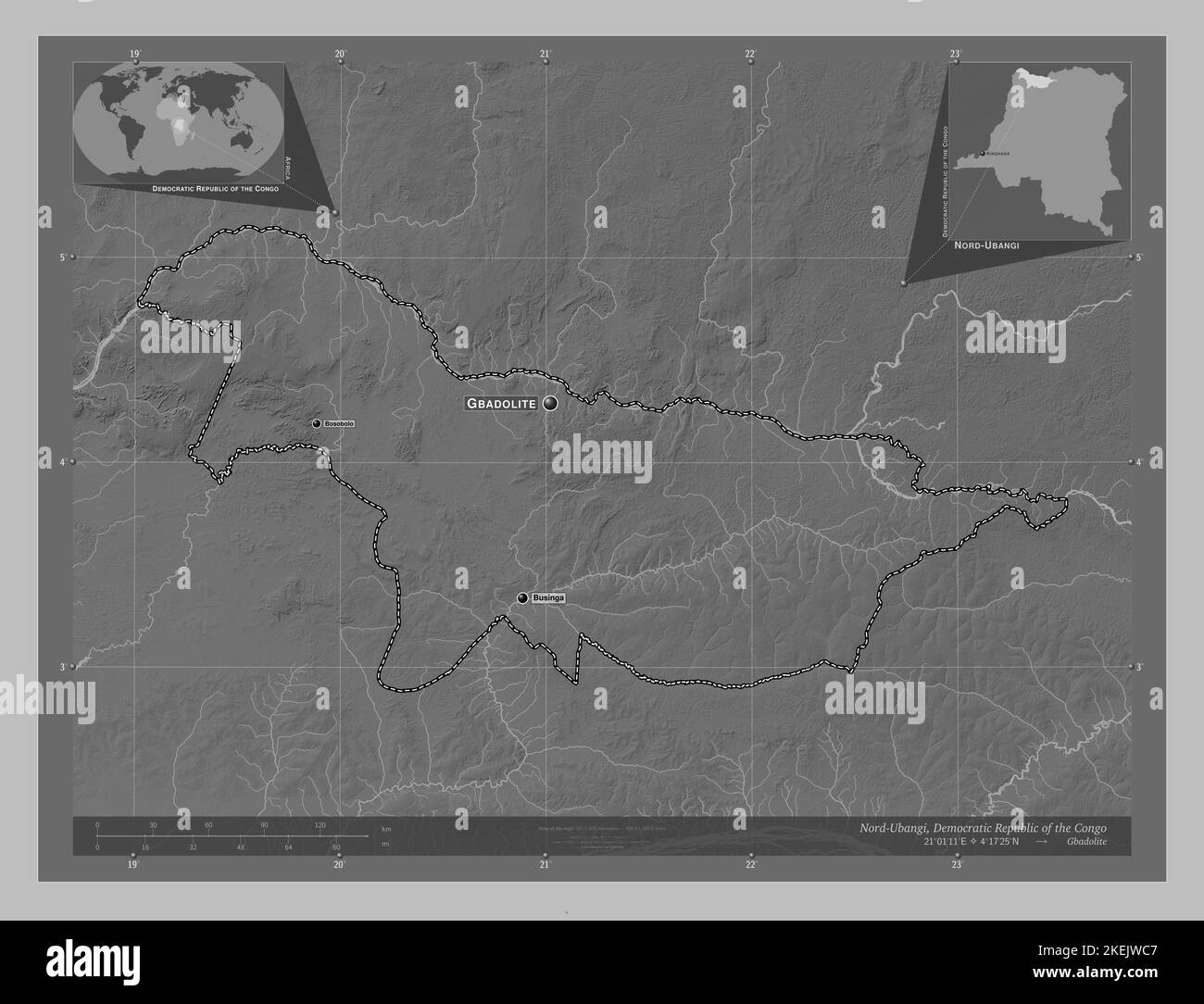 Nord-Ubangi, province of Democratic Republic of the Congo. Grayscale ...