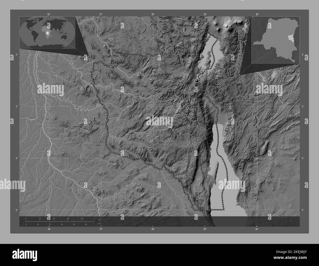 Sud-Kivu, province of Democratic Republic of the Congo. Bilevel elevation map with lakes and ...