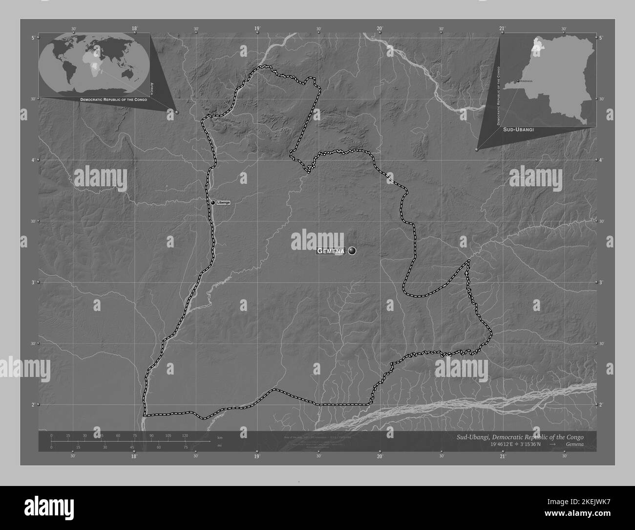 Sud-Ubangi, province of Democratic Republic of the Congo. Grayscale ...