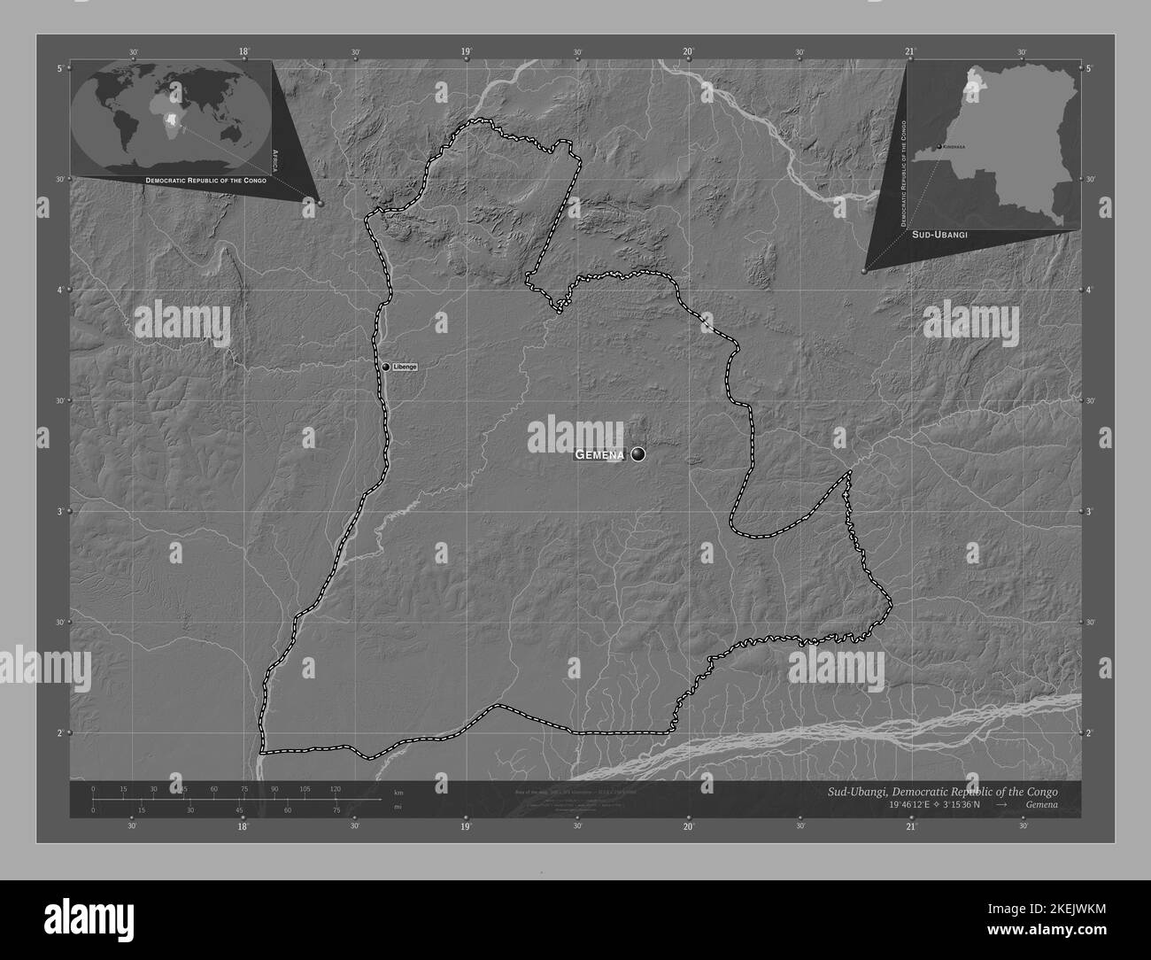 Sud-Ubangi, province of Democratic Republic of the Congo. Bilevel elevation map with lakes and ...