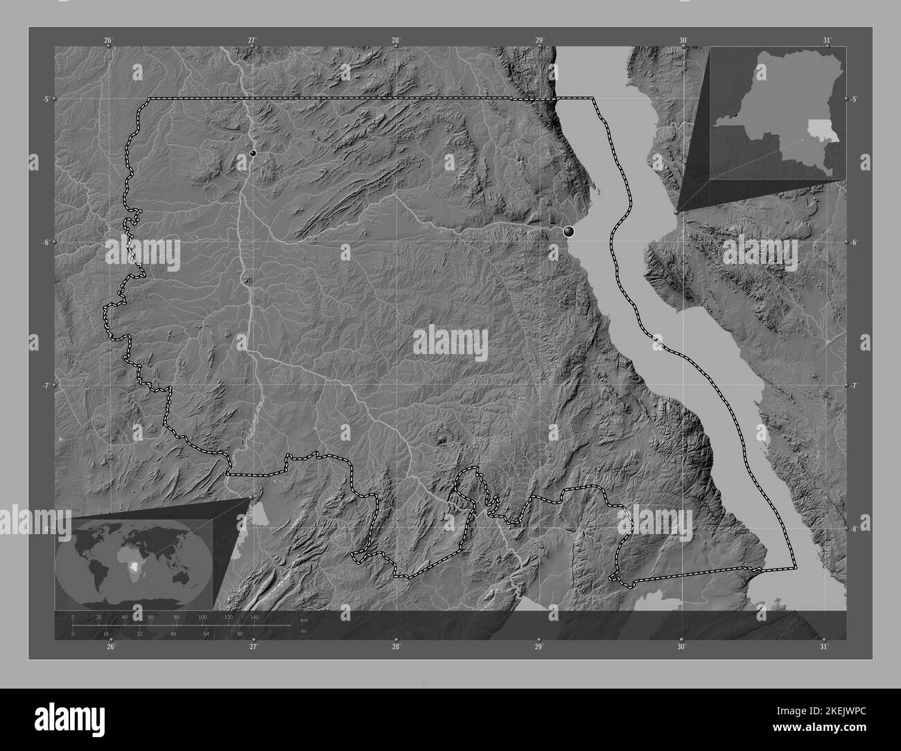 Tanganyika, province of Democratic Republic of the Congo. Bilevel elevation map with lakes and ...