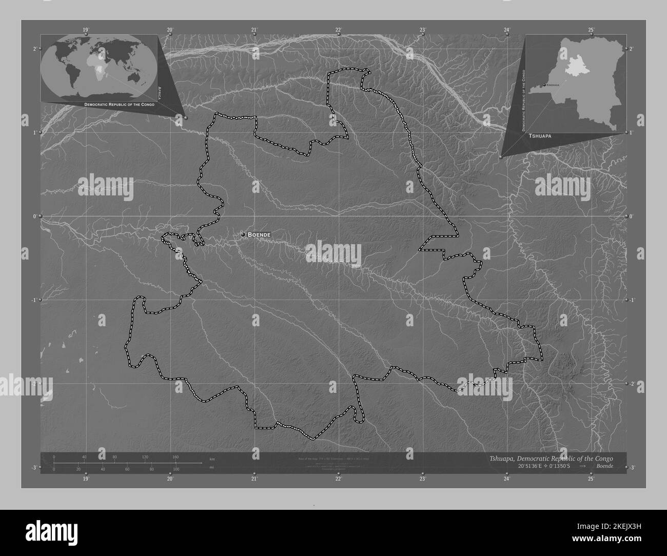 Tshuapa, province of Democratic Republic of the Congo. Grayscale ...