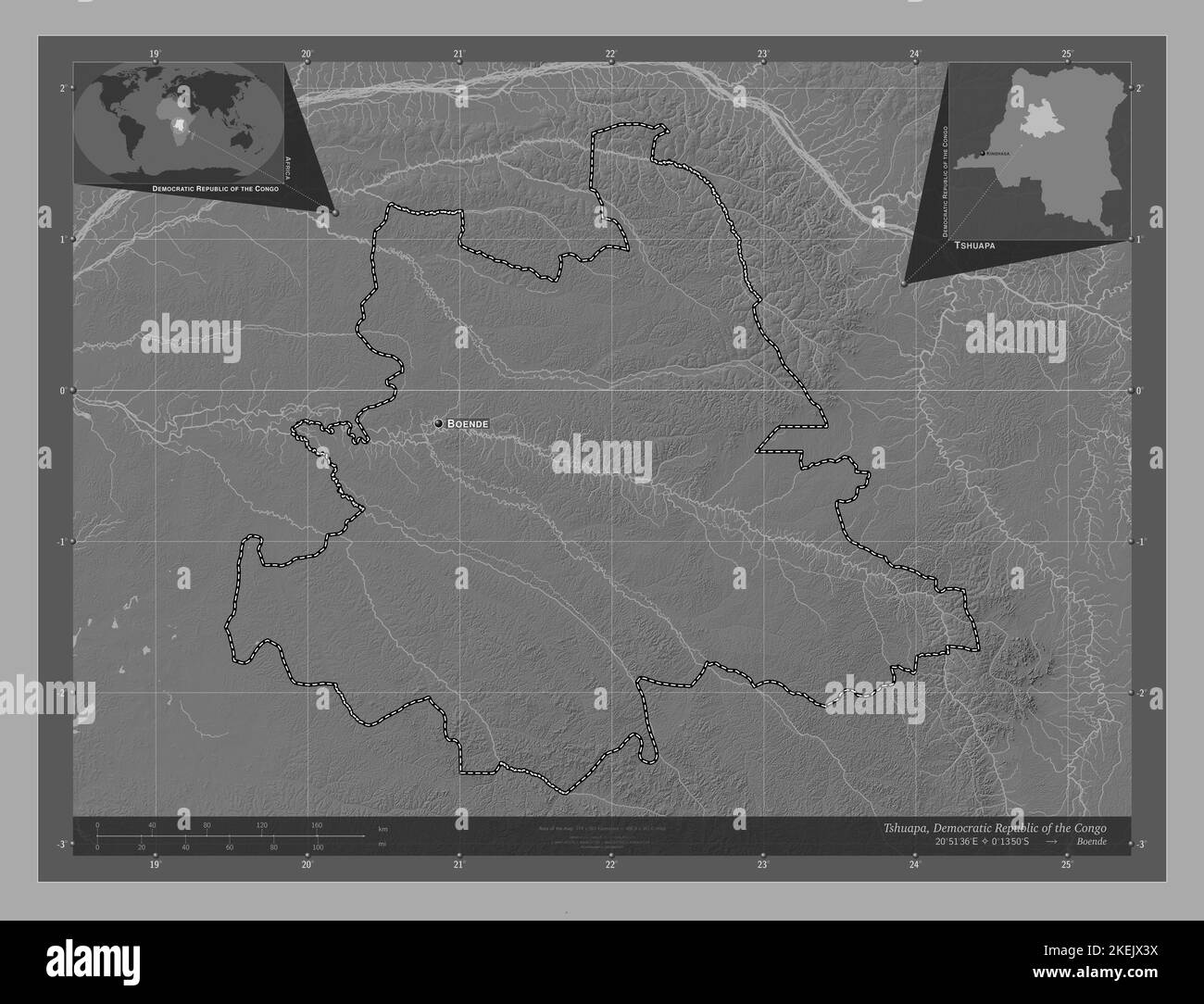 Tshuapa, province of Democratic Republic of the Congo. Bilevel elevation map with lakes and ...