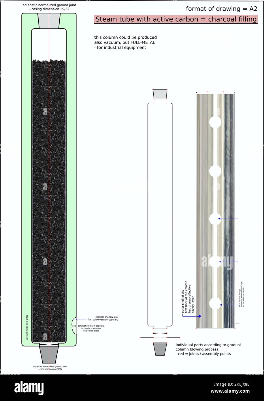 A vertical technical drawing of a steam tube with active carbon Stock ...