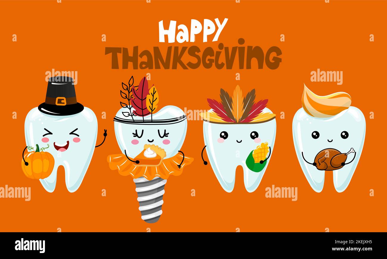 Happy Thanksgiving - Tooth family characters design in kawaii style ...