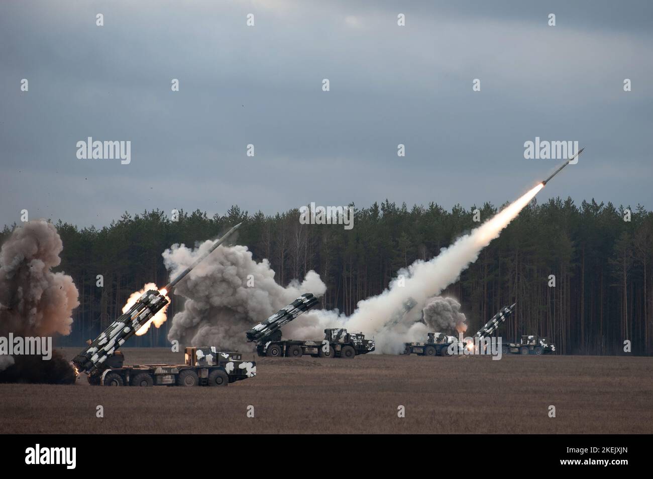 Launch of military missiles (rocket artillery) at the firing field ...