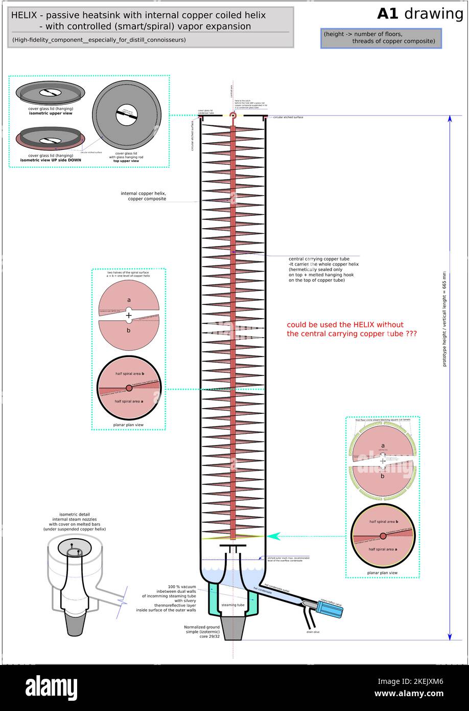 A vertical technical drawing of a passive heatsink with internal copper ...