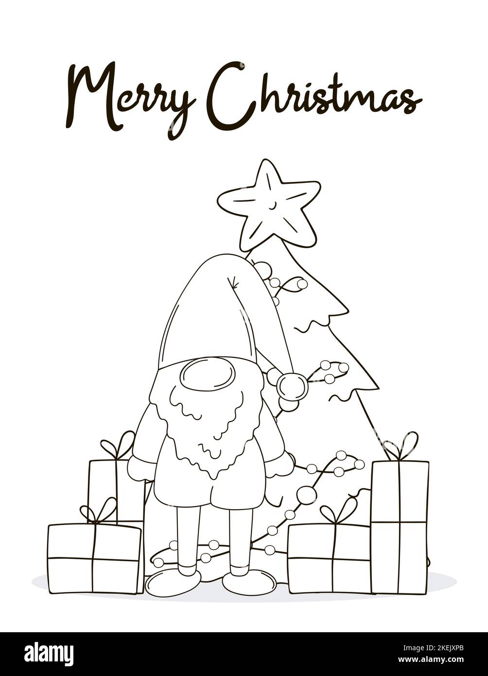 Christmas card in handdrawn style. Gnome in Santa Claus hat, tree ...