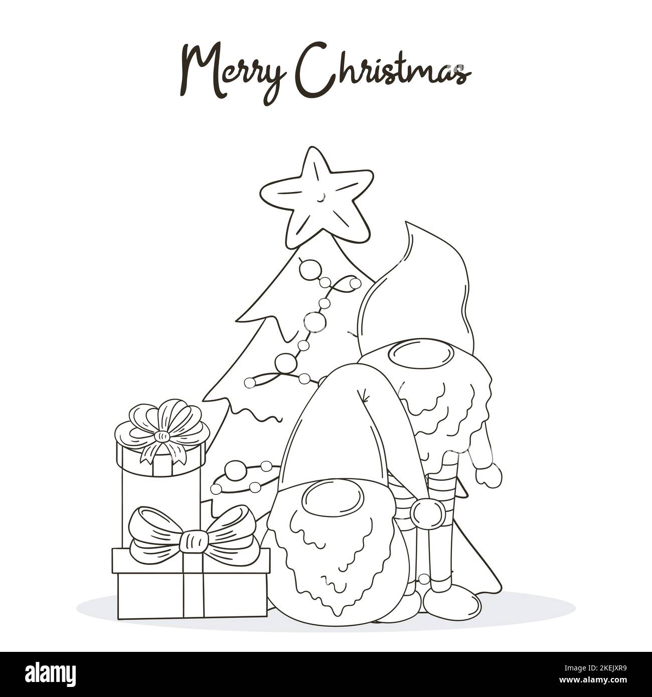 Two gnomes in Santa Claus hats, Christmas tree, gifts. Christmas card ...