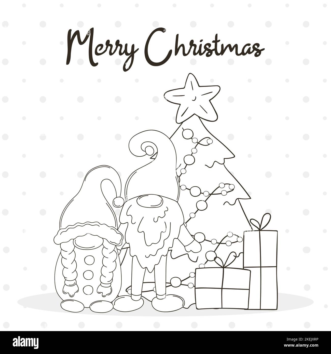 Two gnomes in Santa Claus hats, Christmas tree, gifts. Christmas card ...