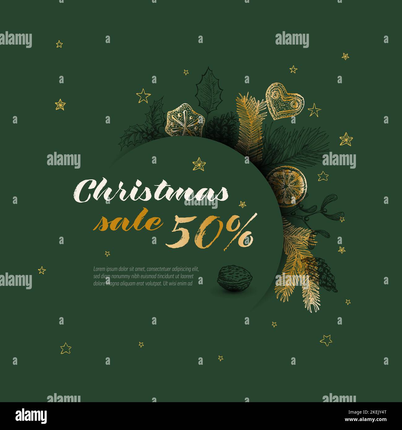 Vector vintage hand drawn Christmas sale discount card with various ...