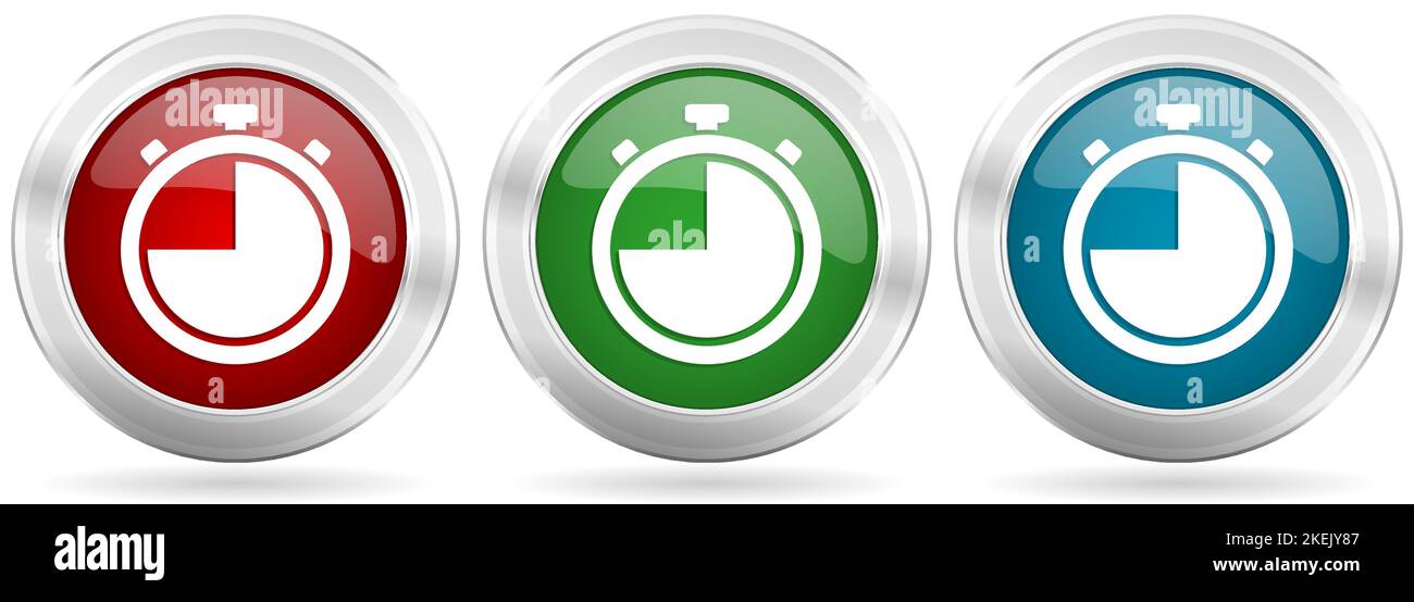 Clock, watch, stopwatch vector icon set. Red, blue and green silver ...