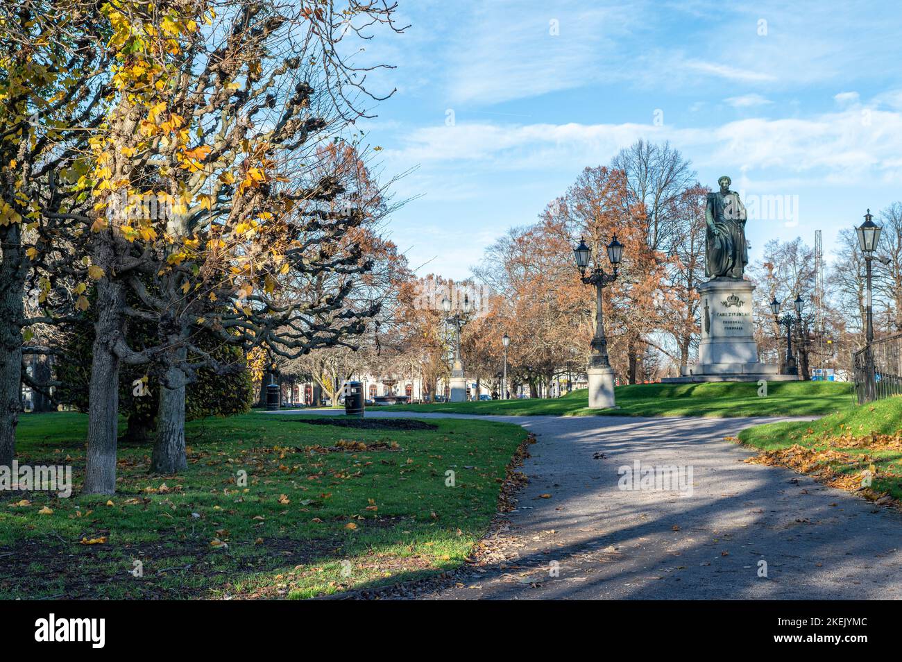Carl Johans park with the statue of king Karl XIV Johan during November ...