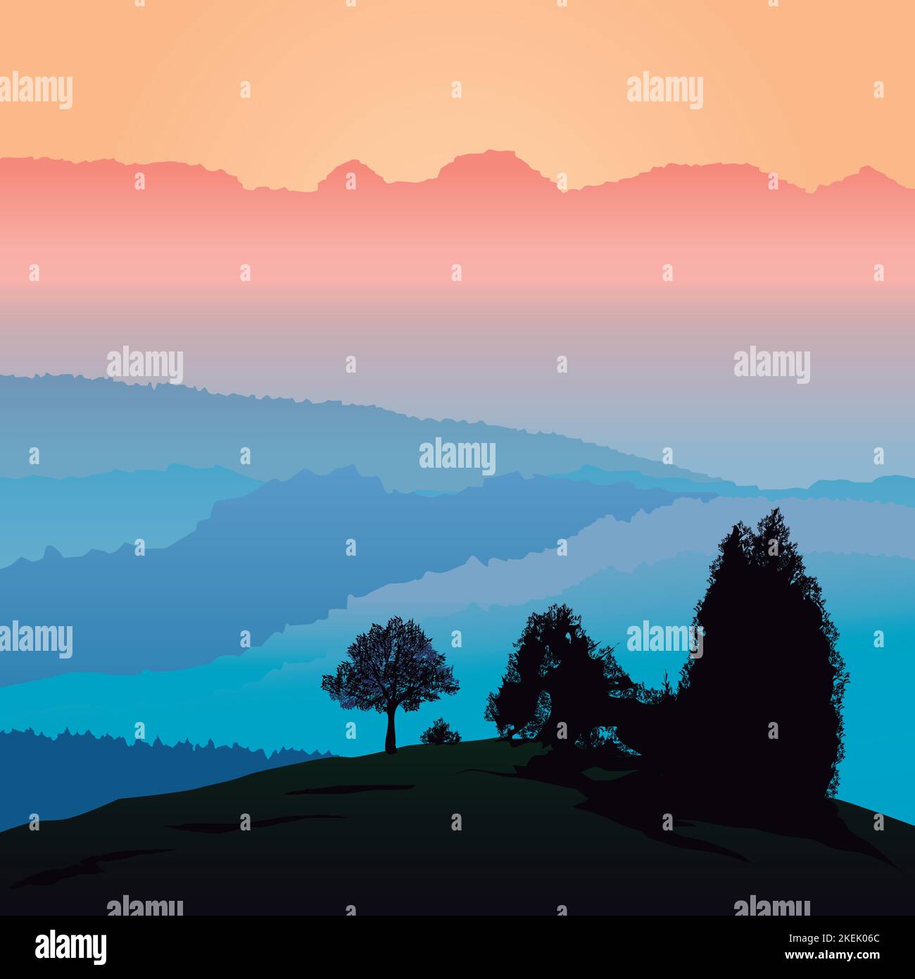 Summer Sunset on mountains. Purple and blue background colors. peaceful ...