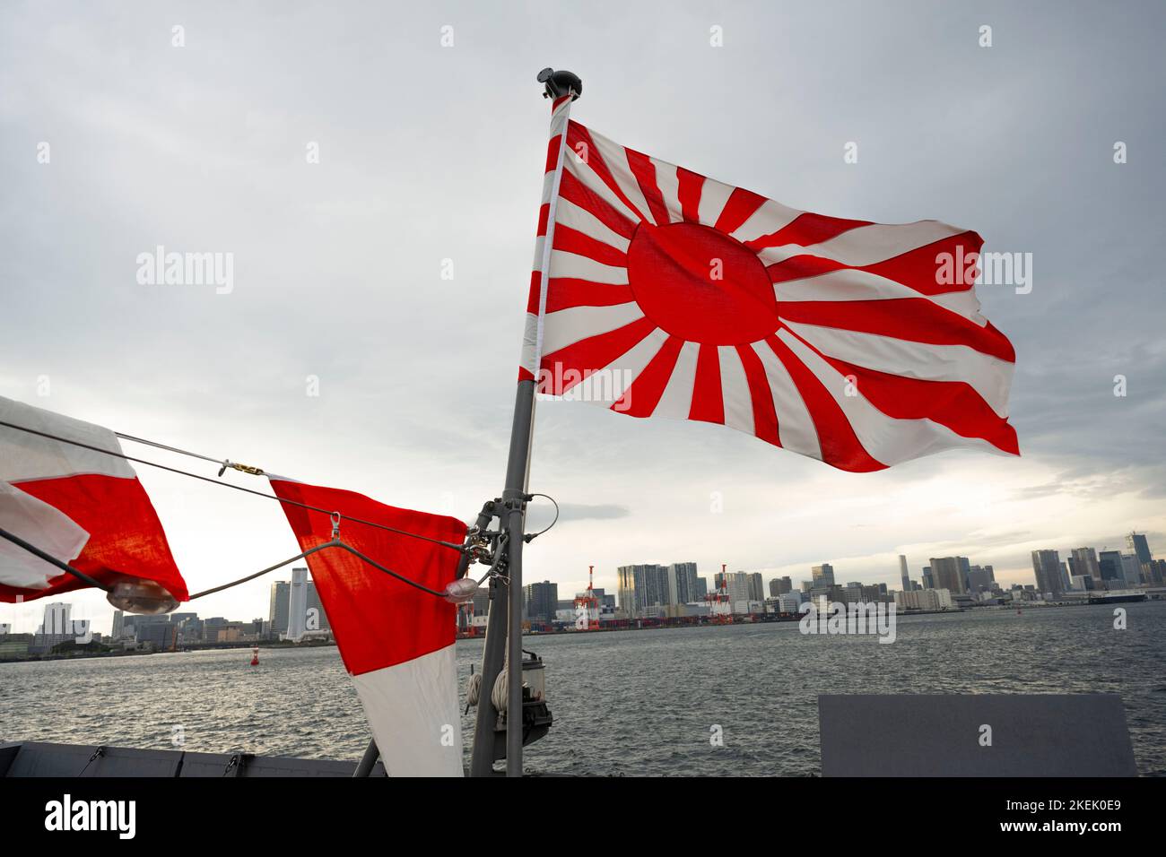 Tokyo, Japan. 13th Nov, 2022. The Rising Sun flag ensign flying from ...