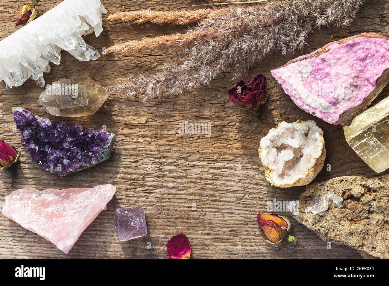 Flat Lay of Multiple Gemstones and Minerals on the Wooden Table with ...