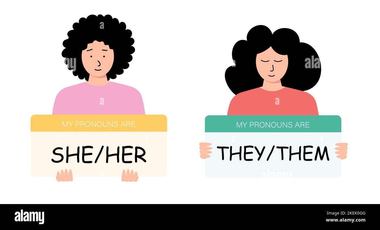 English pronouns She and They. Beautiful girls with signs for a book ...