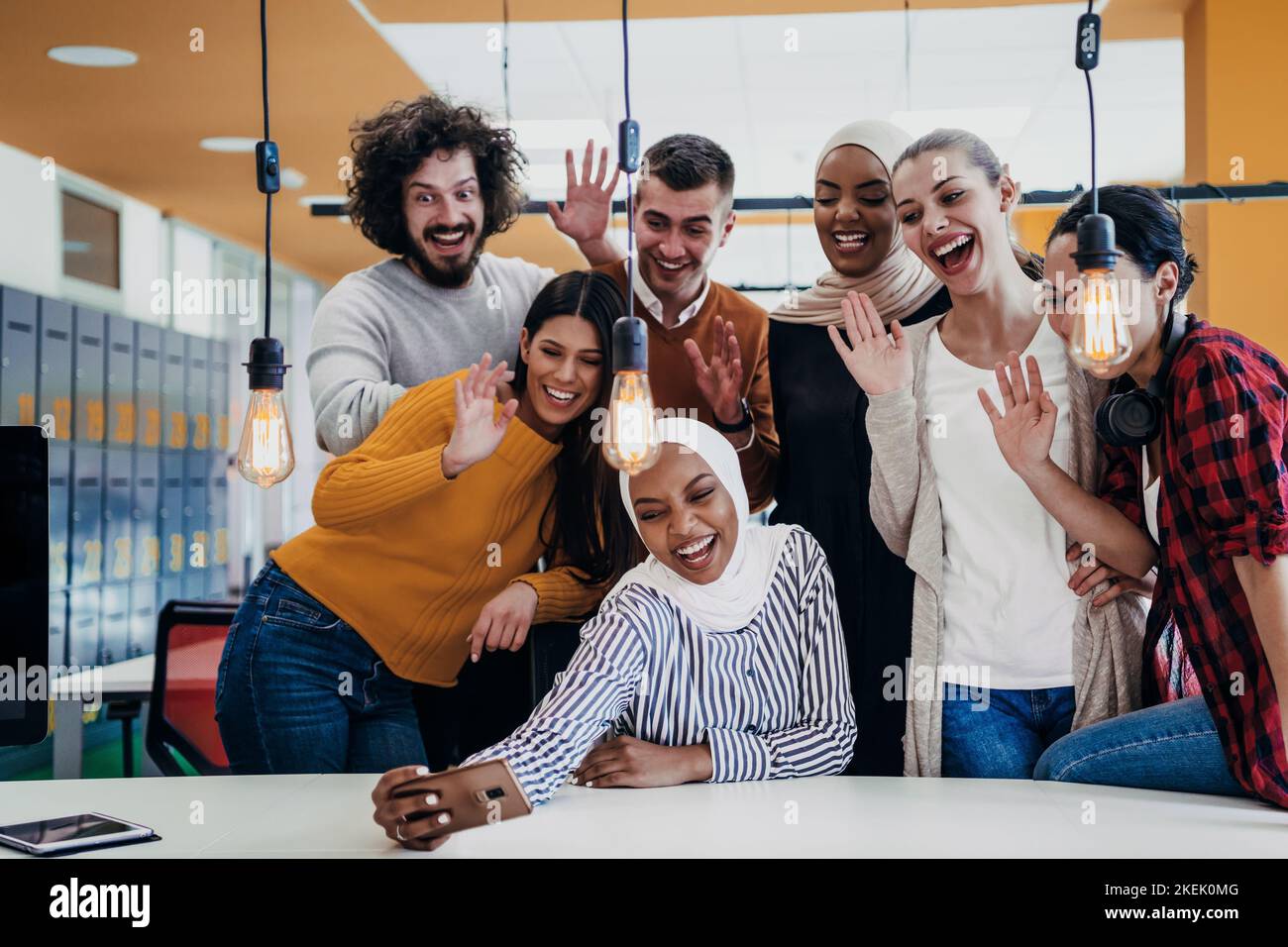 Business people team group taking selfie photo on mobile phone at ...