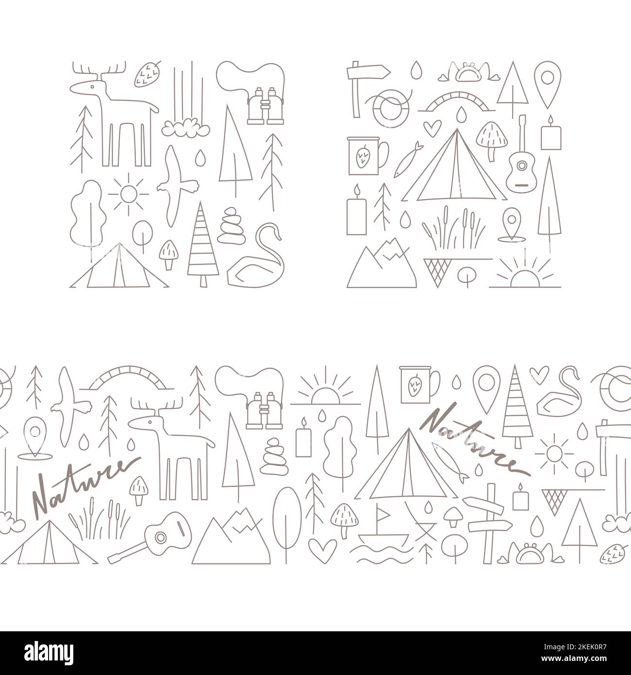 Line icons about nature, camp for design, cards, mags, merch. Seamless ...