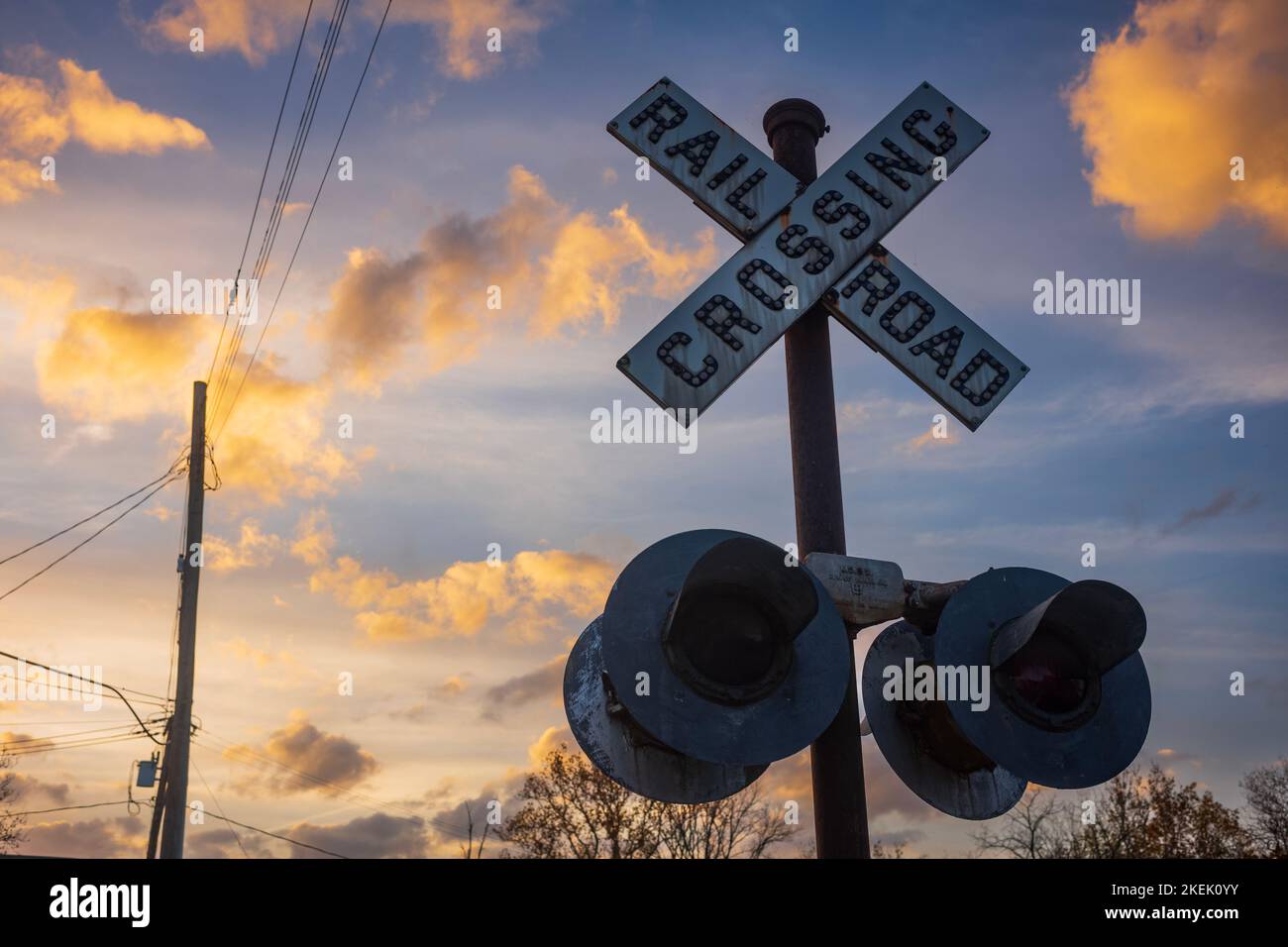 A vintage railroad crossing warning sign, located at Lambertville, NJ ...