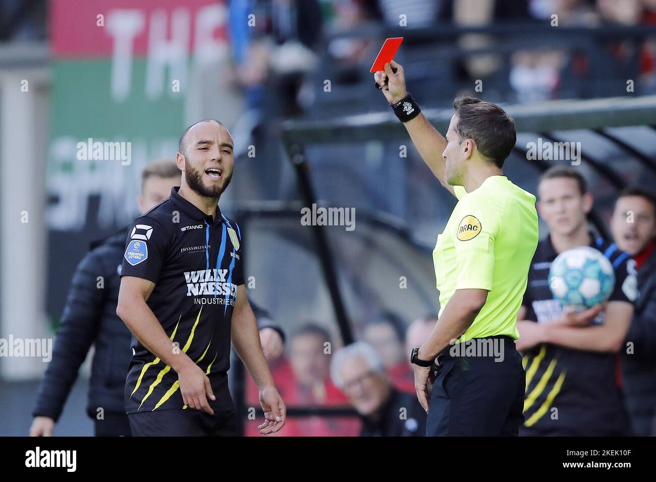 NIJMEGEN - (lr) Iliass Bel Hassani of RKC Waalwijk is shown red by referee Martin Perez during ...