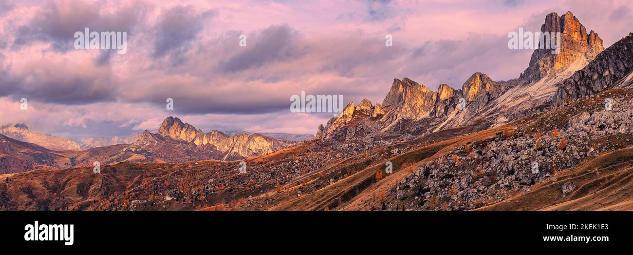 A wide 3:1 panorama image from autumn in the Dolomites and a beautiful ...