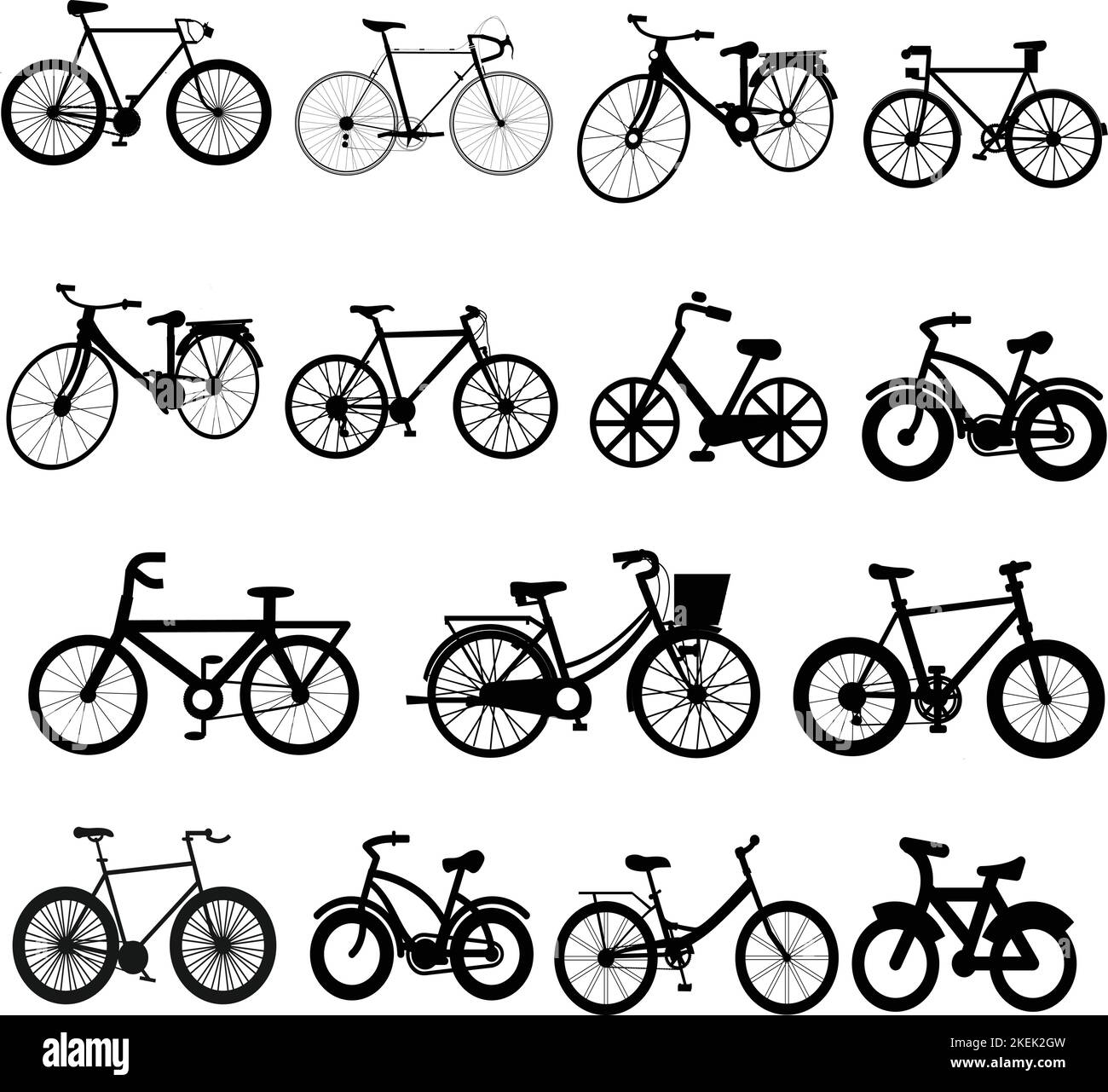 An illustration of different designs of bicycles on a white background ...