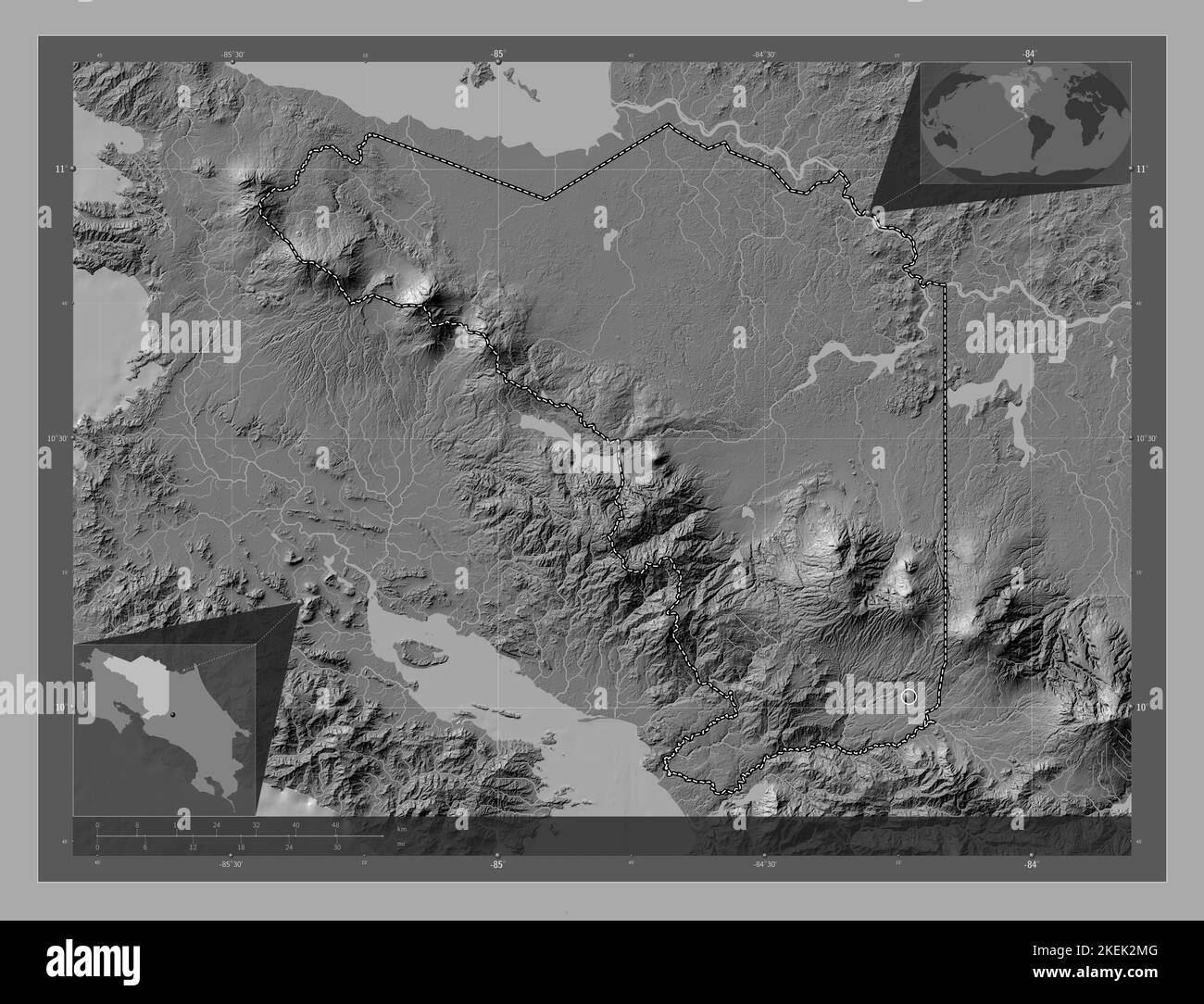 Alajuela, province of Costa Rica. Bilevel elevation map with lakes and ...