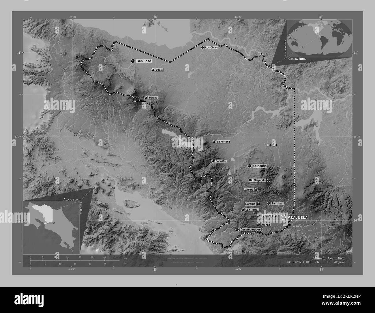Alajuela, province of Costa Rica. Grayscale elevation map with lakes ...